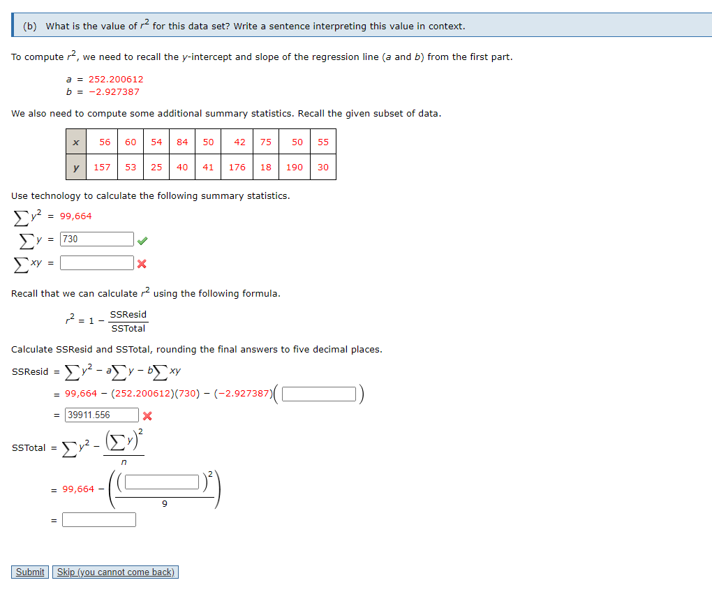 Solved (b) ﻿What is the value of r2 ﻿for this data set? | Chegg.com