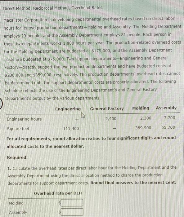 Solved Direct Method Reciprocal Method, Overhead Rates | Chegg.com