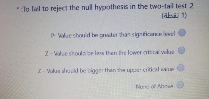 Solved * To fail to reject the null hypothesis in the | Chegg.com