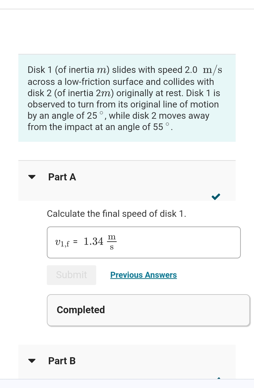 Solved Disk 1 (of inertia m ) ﻿slides with speed 2.0ms | Chegg.com