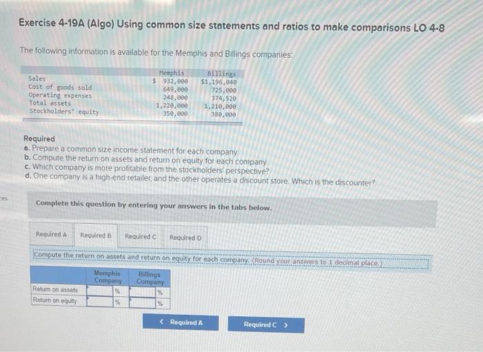Solved Exercise 4-19A (Algo) Using common size statements | Chegg.com