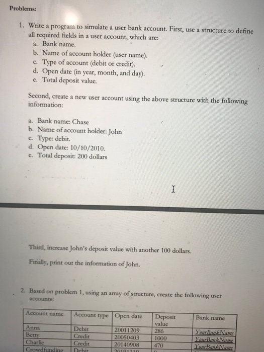 Solved Problems: 1. Write a program to simulate a user bank | Chegg.com