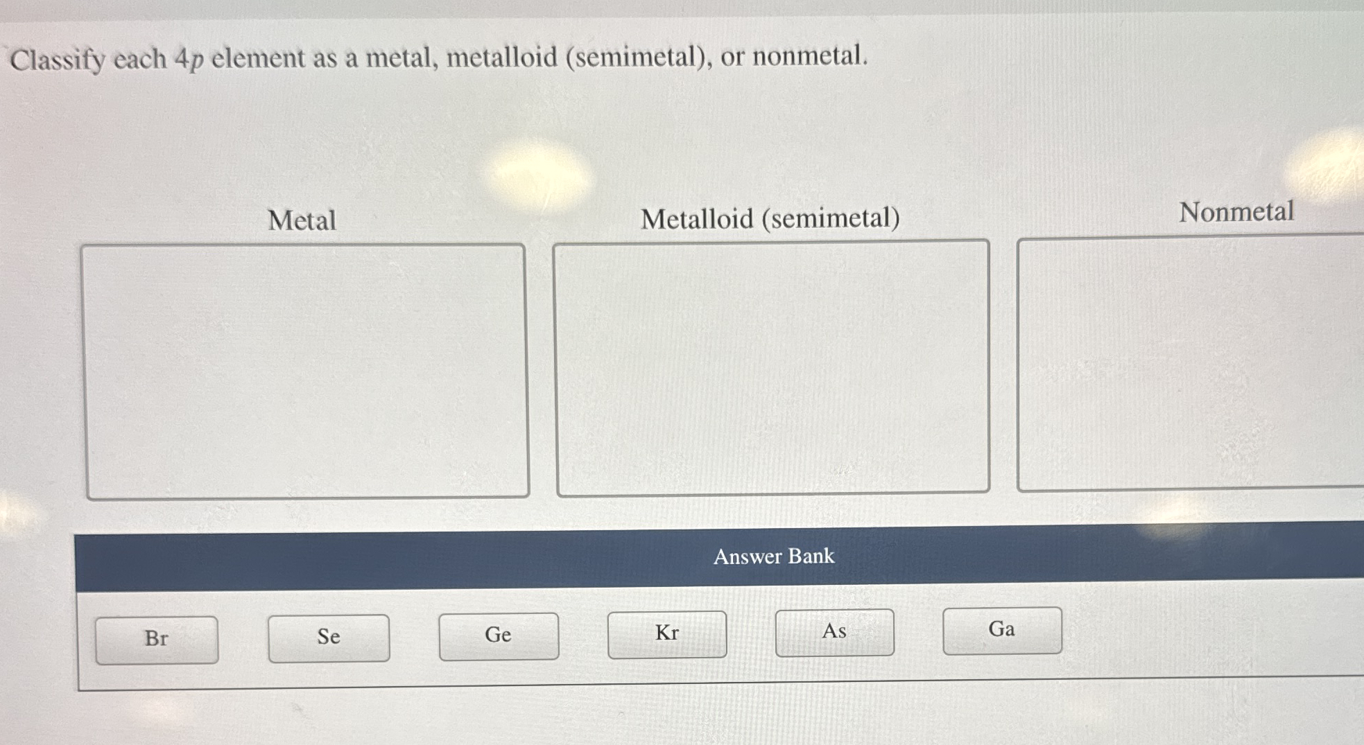Solved Classify each 4p ﻿element as a metal, metalloid | Chegg.com