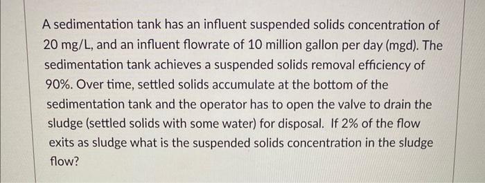 Solved A sedimentation tank has an influent suspended solids | Chegg.com