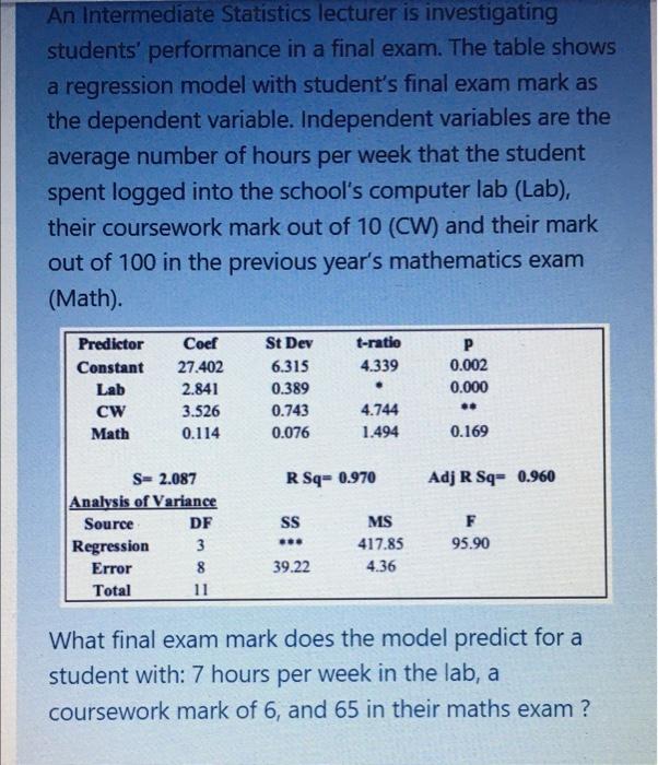 Solved An Intermediate Statistics lecturer is investigating | Chegg.com
