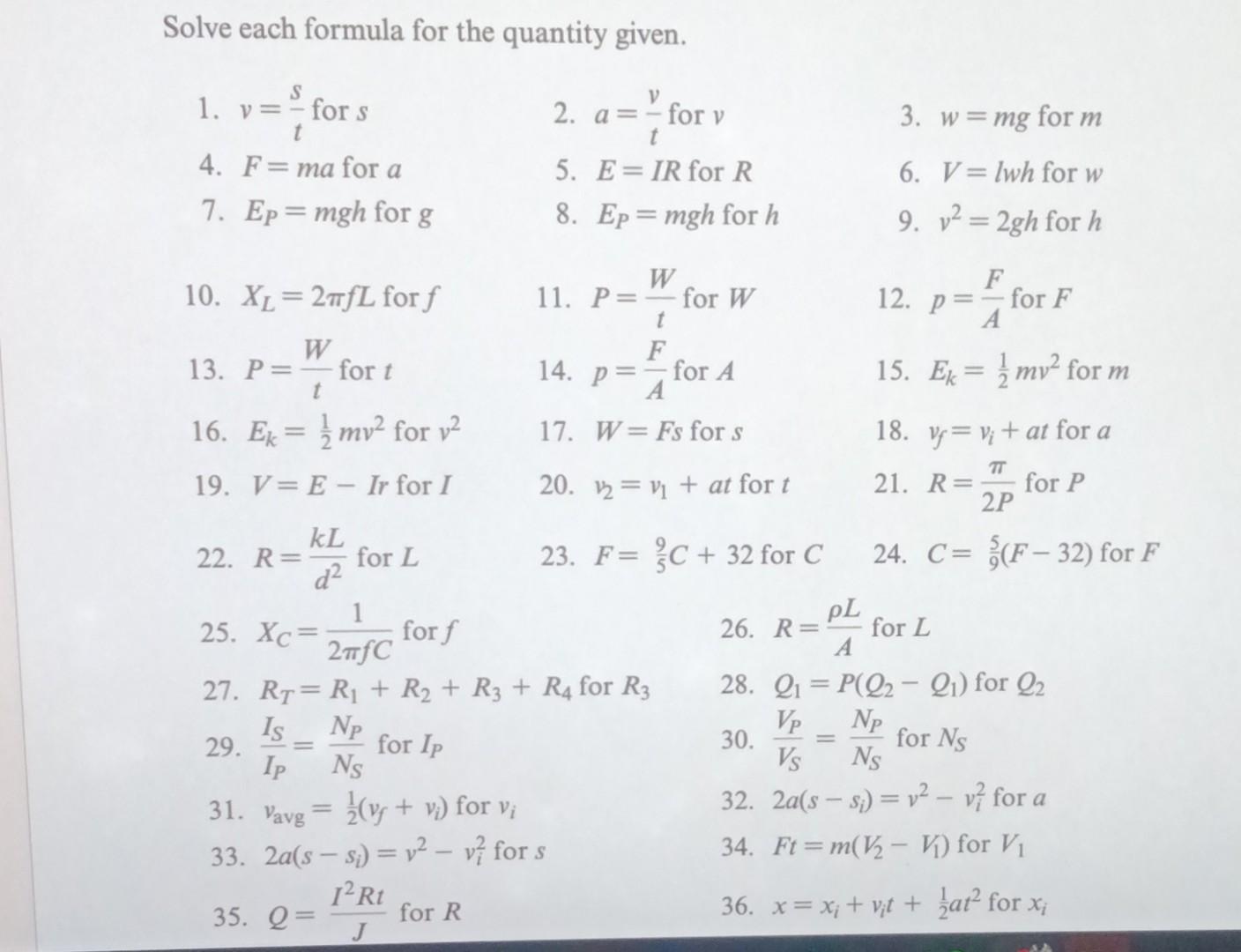Solved Solve each formula for the quantity given. 1. v=ts | Chegg.com