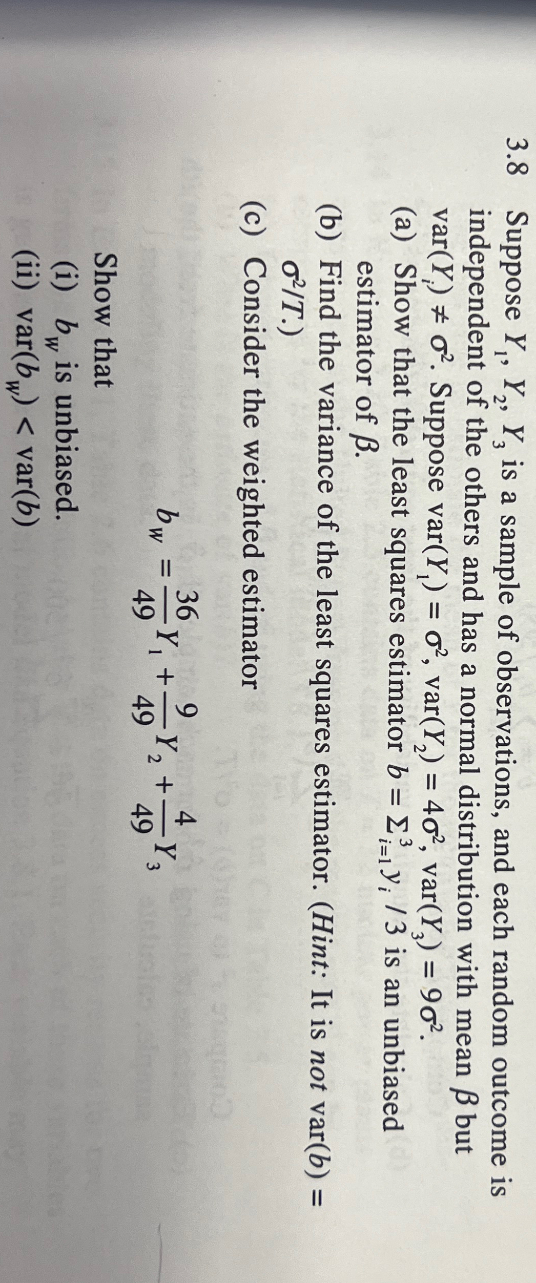 Solved 3.8 ﻿Suppose Y1,Y2,Y3 ﻿is a sample of observations, | Chegg.com