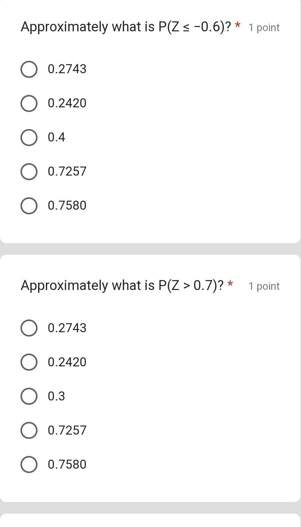 Solved Approximately what is P(Z≤−0.6) ? * 1 point 0.2743 | Chegg.com