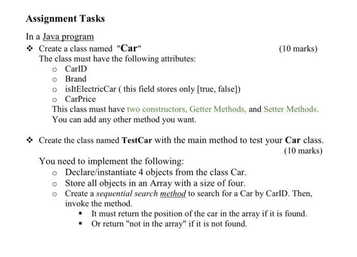 Solved Assignment Tasks In a Java program • Create a class | Chegg.com