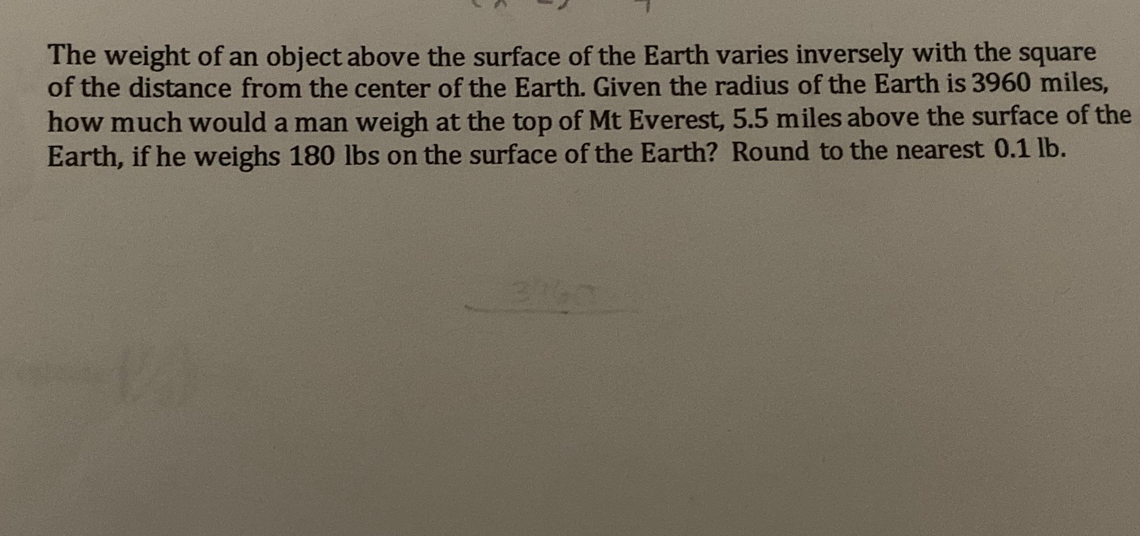Solved The weight of an object above the surface of the | Chegg.com