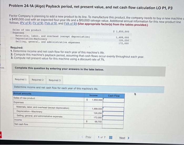 Solved Problem 24-1A (Algo) Payback period, net present | Chegg.com