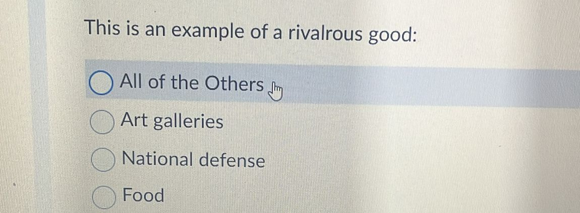 Solved This is an example of a rivalrous good:All of the | Chegg.com