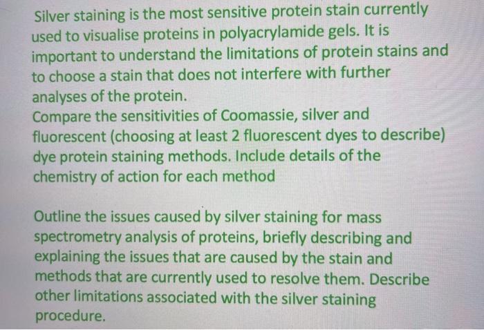 Solved Silver staining is the most sensitive protein stain | Chegg.com