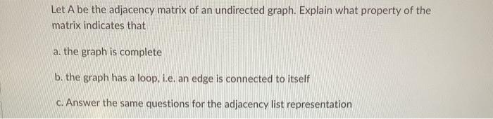 Solved Let A be the adjacency matrix of an undirected graph. | Chegg.com
