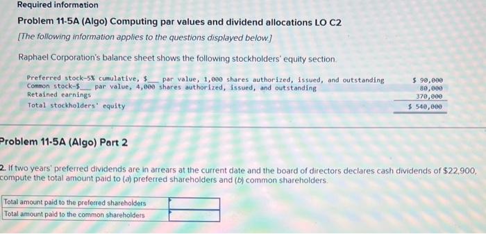 Solved Problem 11-5A (Algo) Computing par values and | Chegg.com