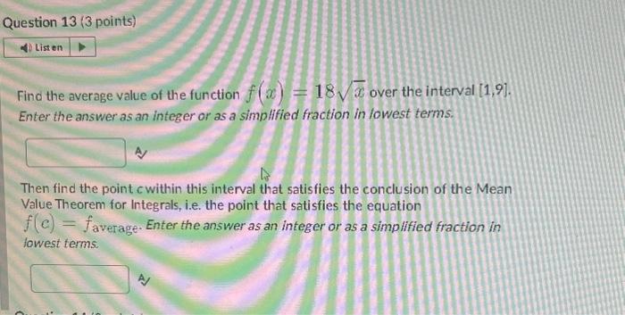 Solved Find the average value of the function f(x)=18x over | Chegg.com