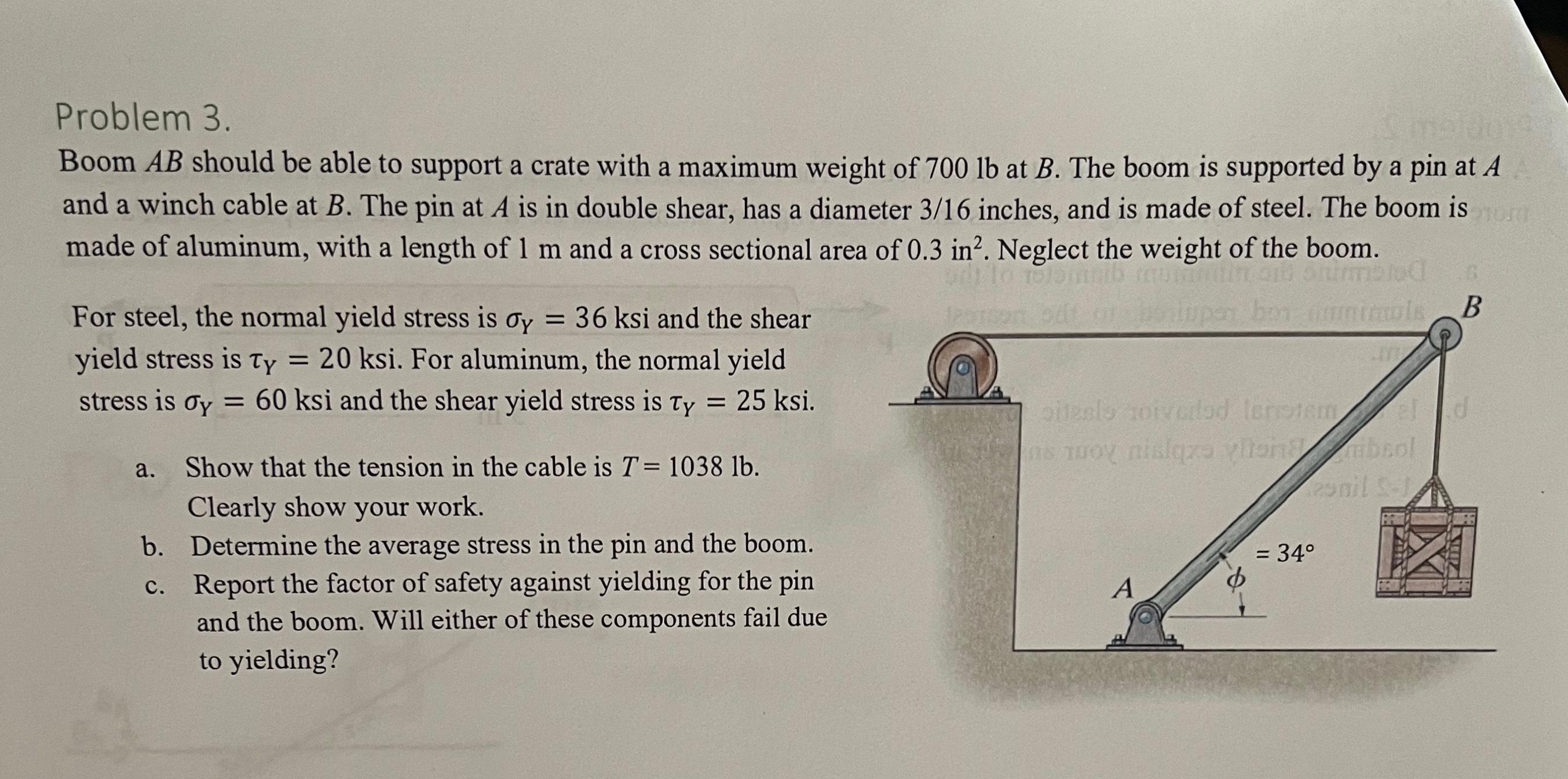 Solved Problem 3.Boom AB ﻿should be able to support a crate | Chegg.com