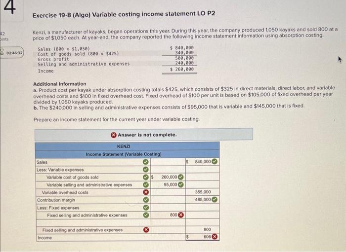 Solved Exercise 19-8 (Algo) Variable costing income | Chegg.com