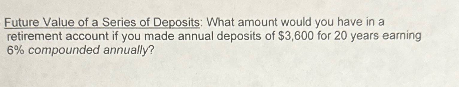 Solved Future Value of a Series of Deposits: What amount | Chegg.com