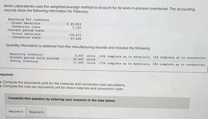 Solved Annin Laboratories uses the weighted-average method | Chegg.com