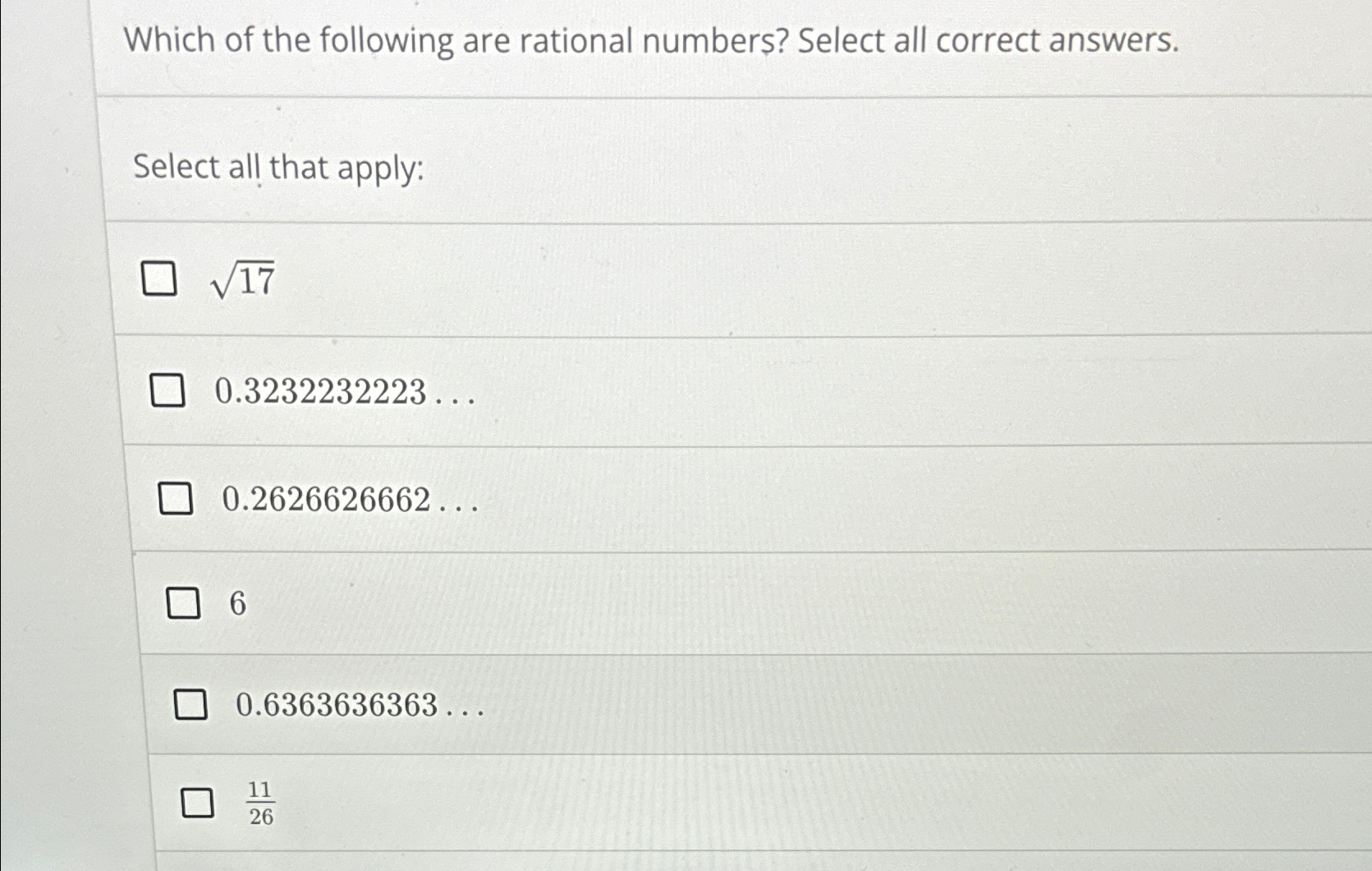 Solved Which of the following are rational numbers? Select | Chegg.com