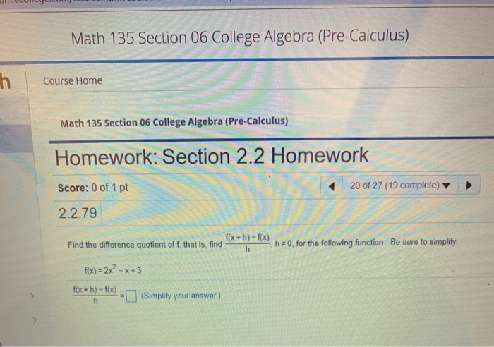 Solved Math 135 Section 06 College Algebra (Pre-Calculus) | Chegg.com