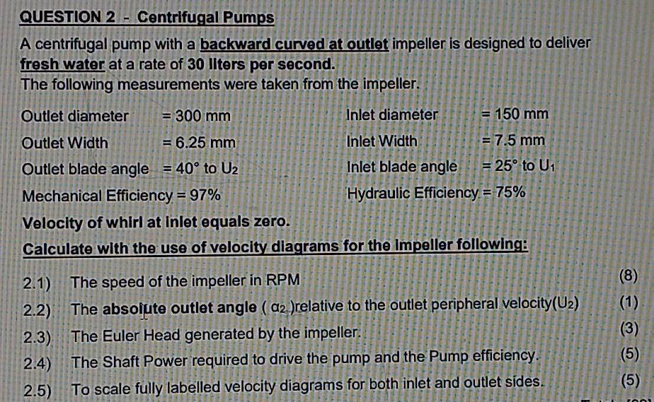 Solved QUESTION 2 - Centrifugal Pumps A centrifugal pump | Chegg.com