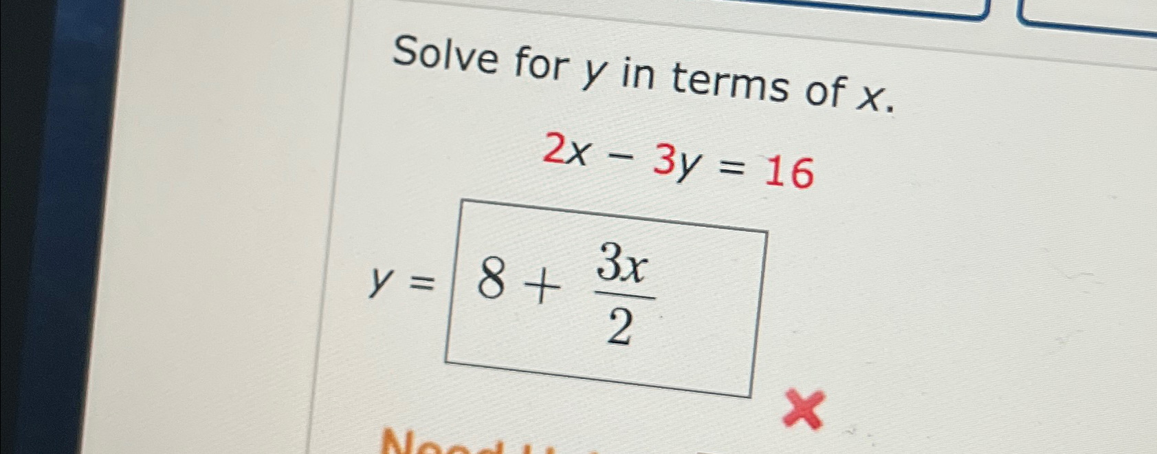 Solved Solve for y ﻿in terms of x.y=8+3x2 | Chegg.com