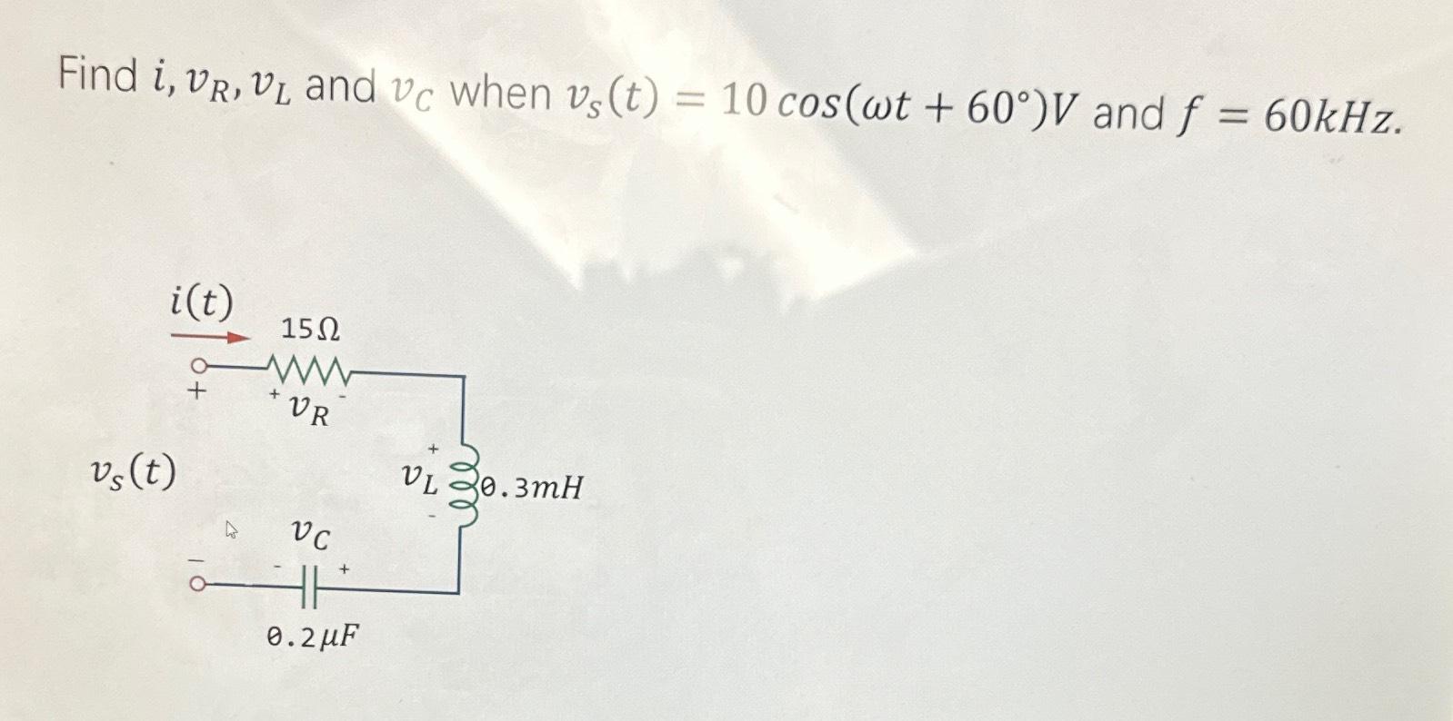 Solved Find i,vR,vL ﻿and vC ﻿when vS(t)=10cos(ωt+60°)V ﻿and | Chegg.com