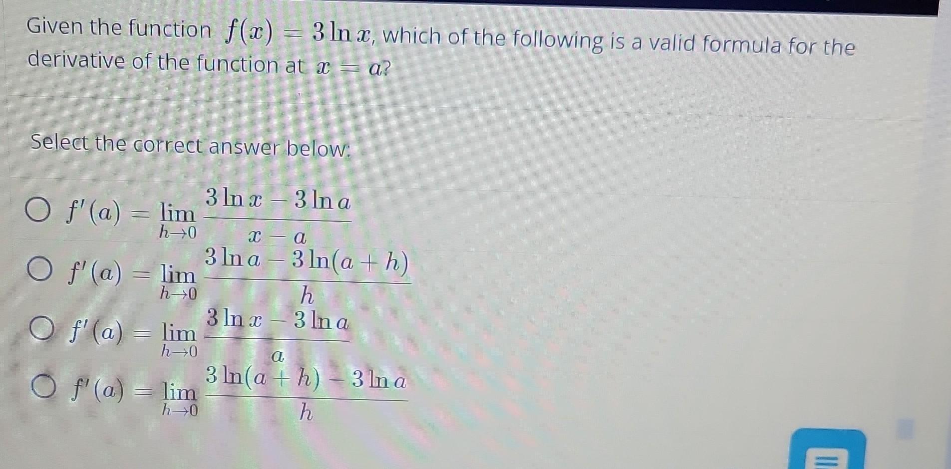 Solved Given the function f(x)=3lnx, which of the following | Chegg.com