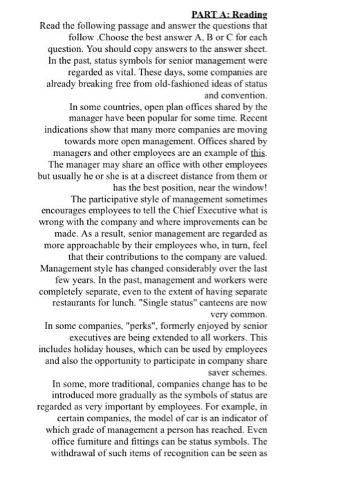 PART A: Reading Read the following passage and answer | Chegg.com