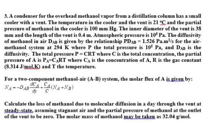 Solved 3. A condenser for the overhead methanol vapor from a | Chegg.com
