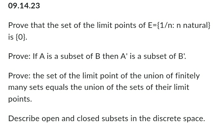 Solved Prove that the set of the limit points of E={1/n : n | Chegg.com