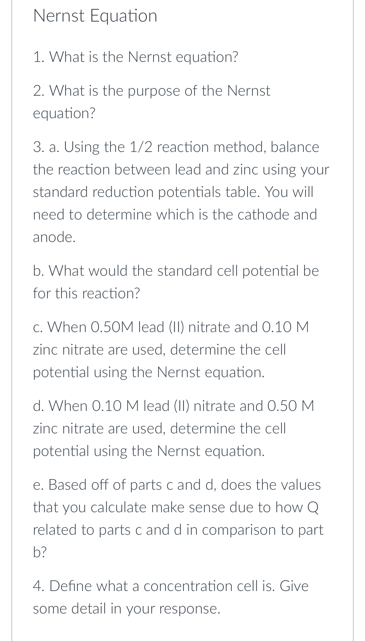 Solved Nernst Equation make sure to answer each question | Chegg.com