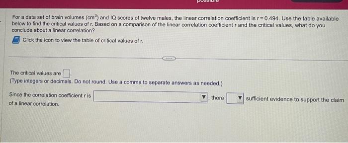 Solved For a data set of brain volumes (cm3 ) and IQ scores | Chegg.com