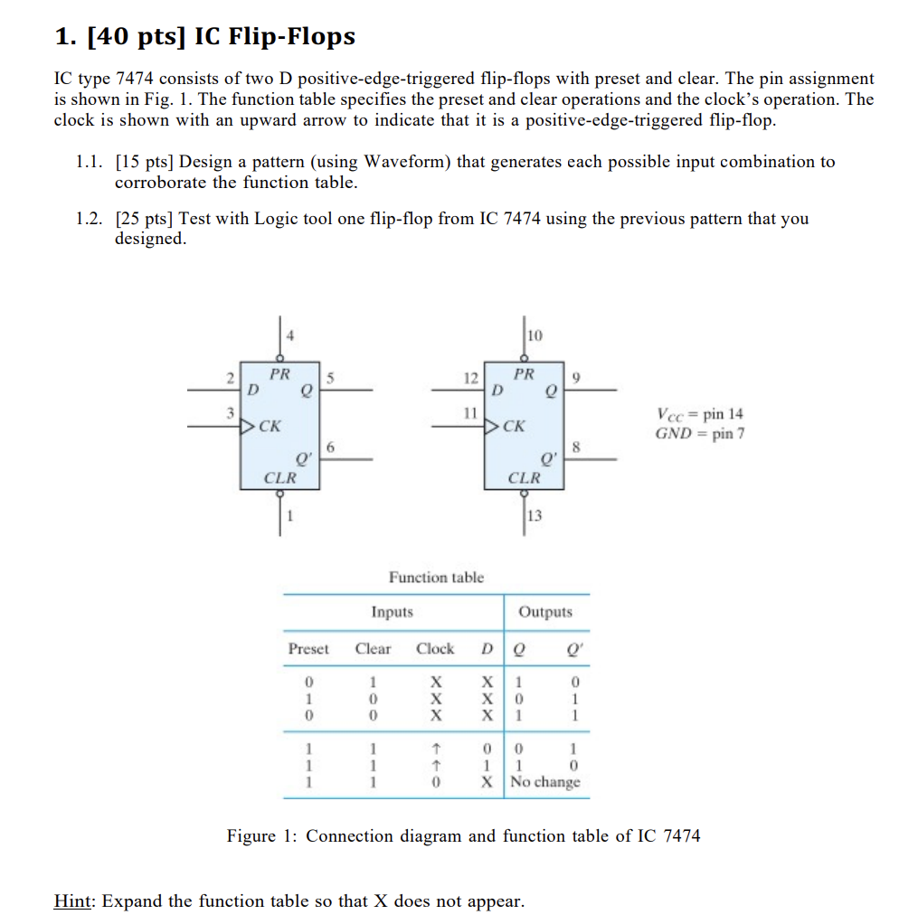 [40 ﻿pts] ﻿IC Flip-FlopsIC type 7474 ﻿consists of two | Chegg.com