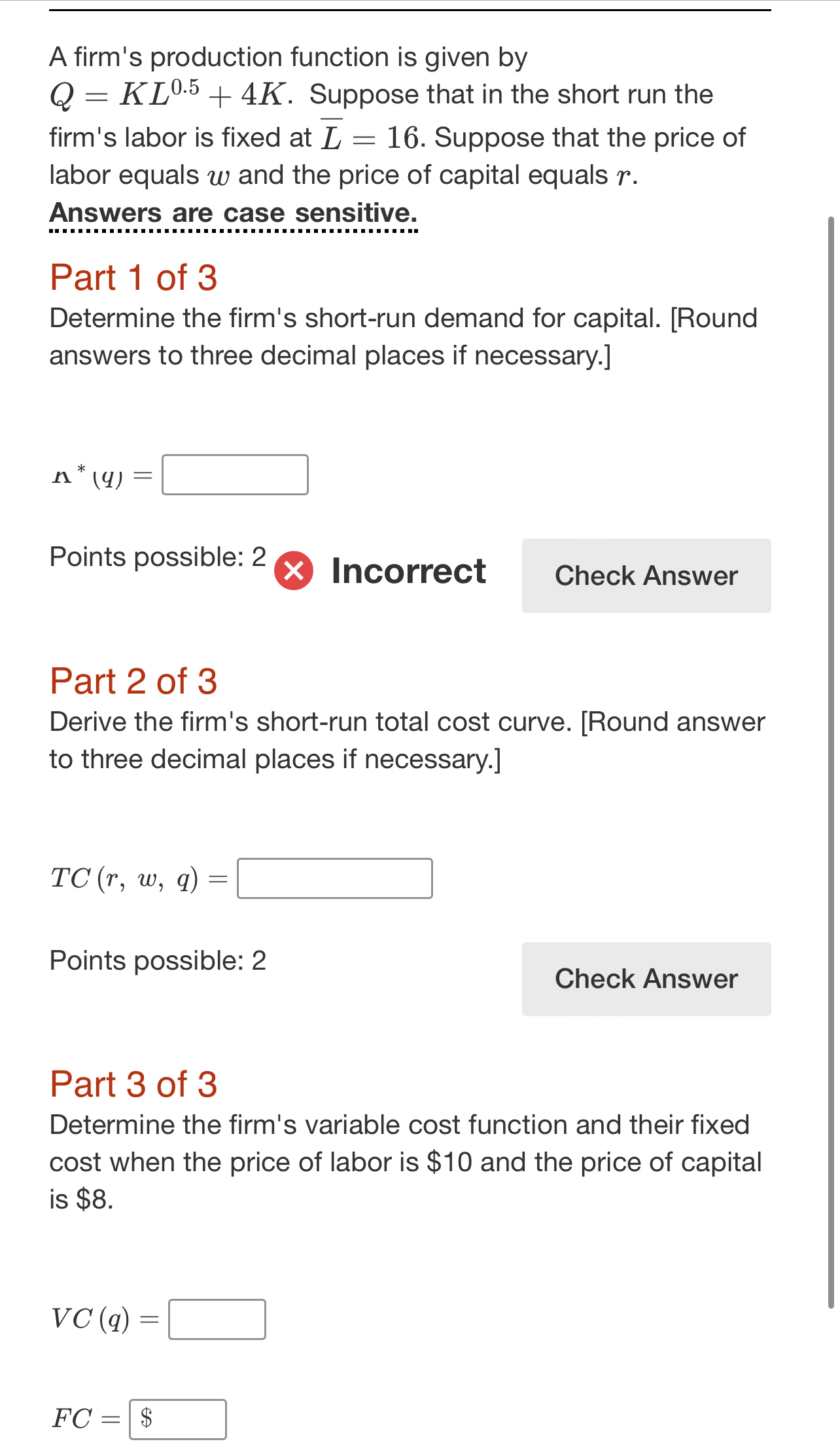 Solved A firm's production function is given by Q=KL0.5+4K. | Chegg.com