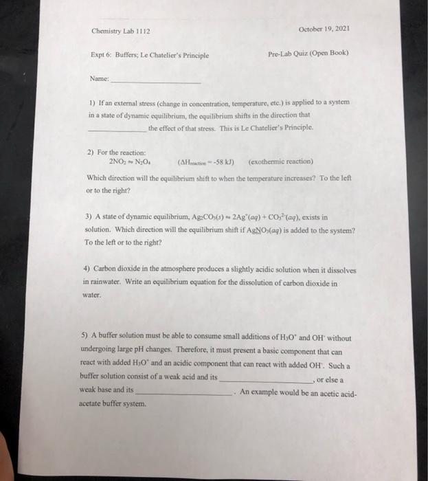 Solved Chemistry Lab 1112 October 19, 2021 Expt 6: Buffers, | Chegg.com
