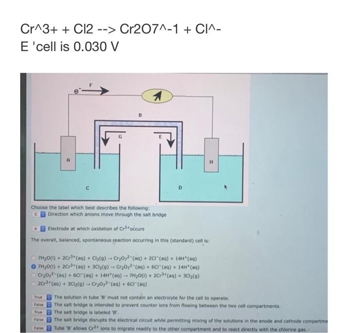 Solved Cr∧3++Cl2−−>Cr2O7∧−1+Cl∧− E′ 'cell is 0.030 V | Chegg.com