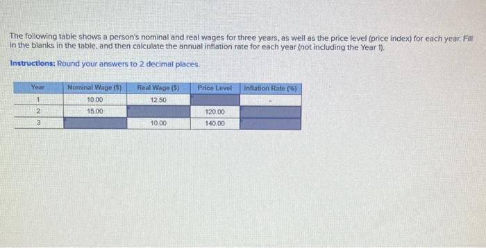 Solved The following table shows a person's nominal and real | Chegg.com