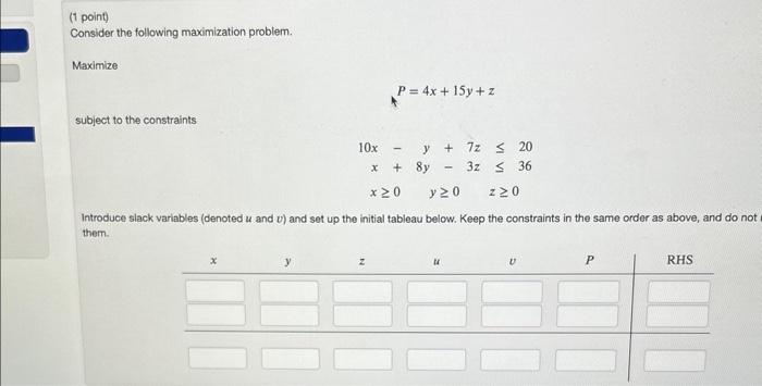 Solved (1 point) Consider the following maximization | Chegg.com