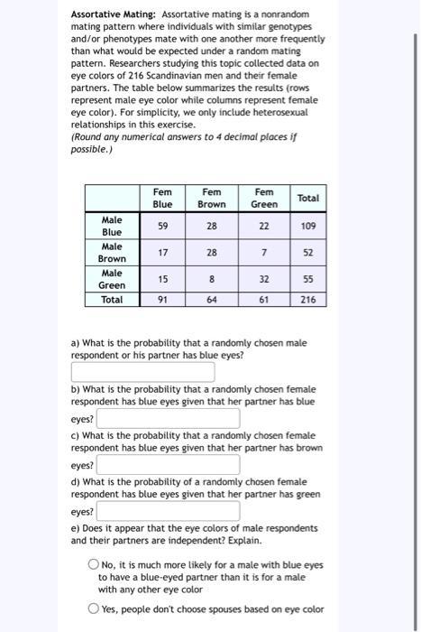 Solved Assortative Mating: Assortative mating is a nonrandom | Chegg.com