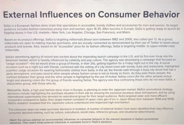 Solved External Influences on Consumer Behavior Saga is a | Chegg.com