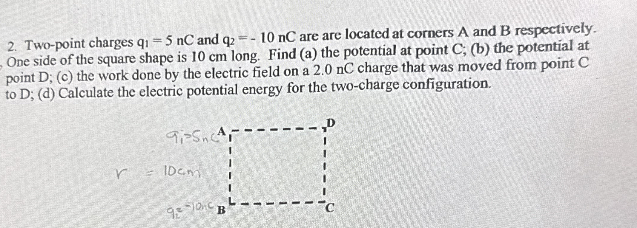 Solved Two-point charges q1=5nC ﻿and q2=-10nC ﻿are are | Chegg.com