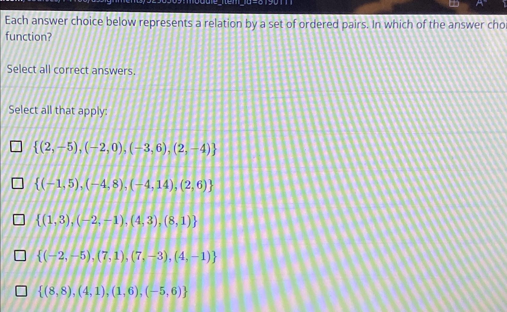 Solved Each answer choice below represents a relation by a | Chegg.com