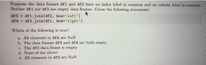 Solved Suppose the data frames dfi and df2 have no index | Chegg.com
