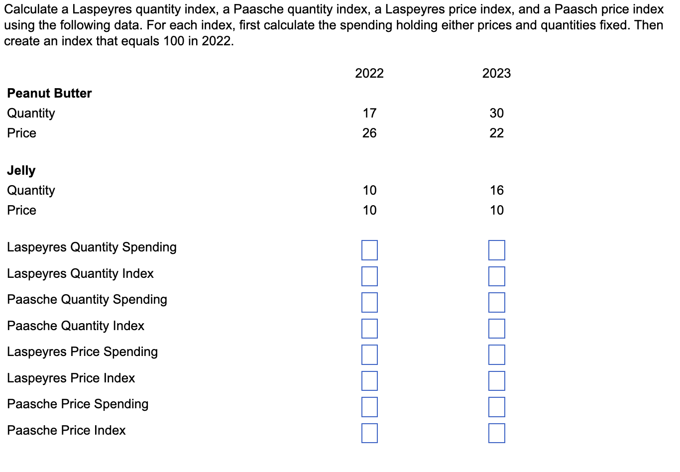 Solved Calculate a Laspeyres quantity index, a Paasche | Chegg.com