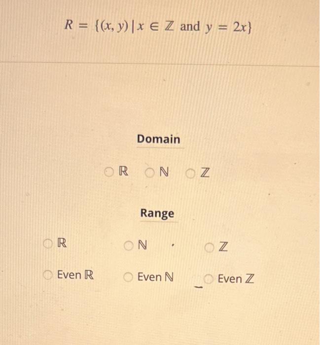 Solved R={(x,y)∣x∈Z and y=2x} Domain RNZ Range | Chegg.com