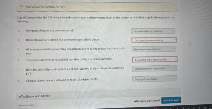 Solved Bujold Company has the following internal controls | Chegg.com