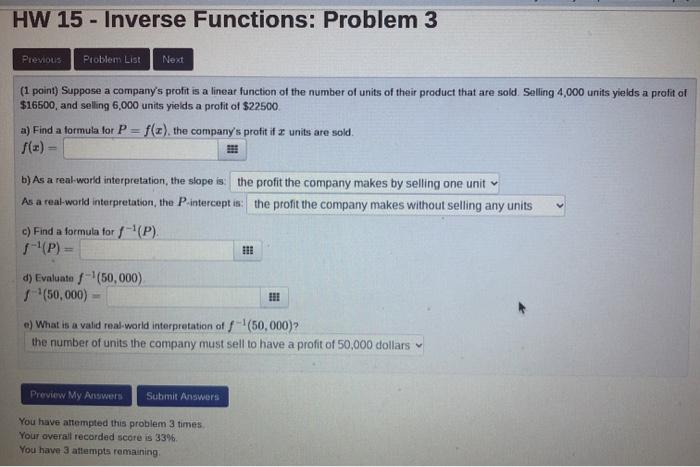 Solved HW 15 - Inverse Functions: Problem 3 Previous Problem | Chegg.com